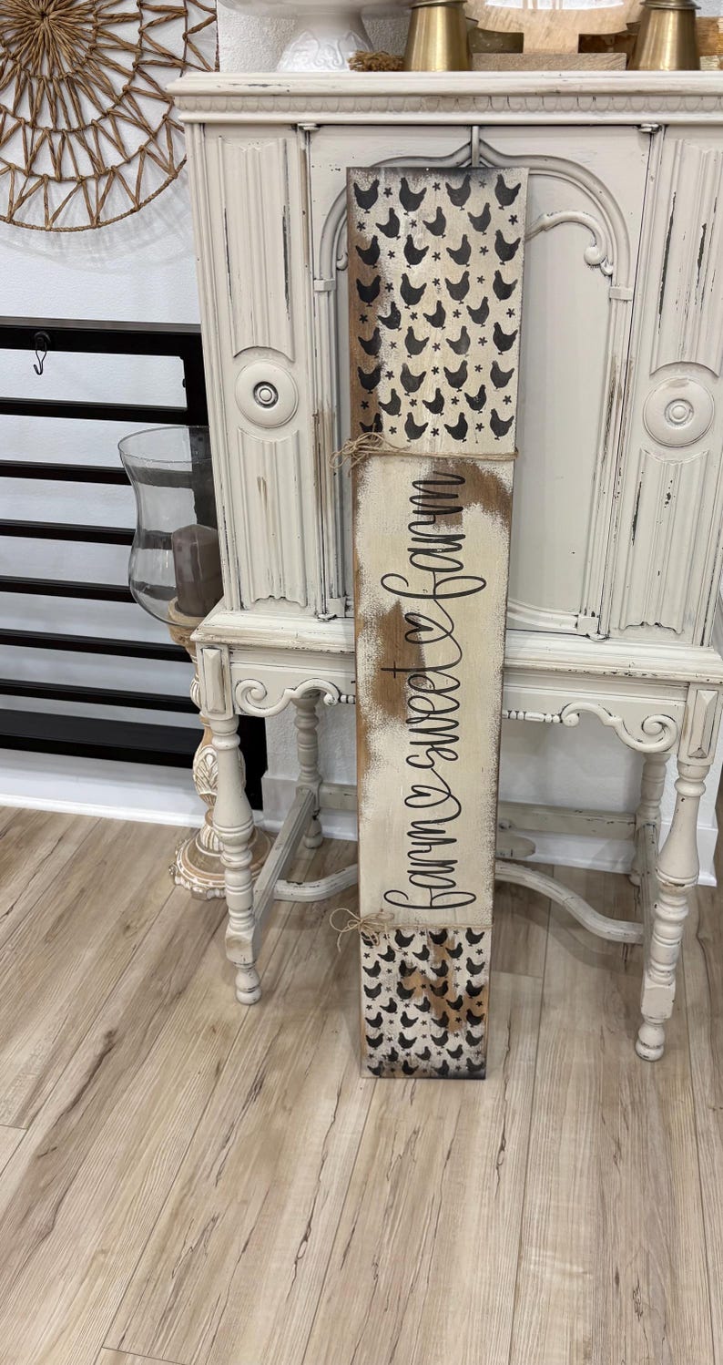 Distressed Rustic Farmhouse Sign: Farm Sweet Farm, Rooster Chicken ...