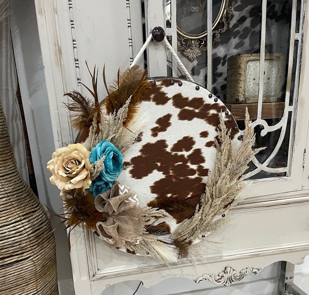 One of a Kind Cow Print Round Door Hanger / Western Wood Wreath / Cow ...