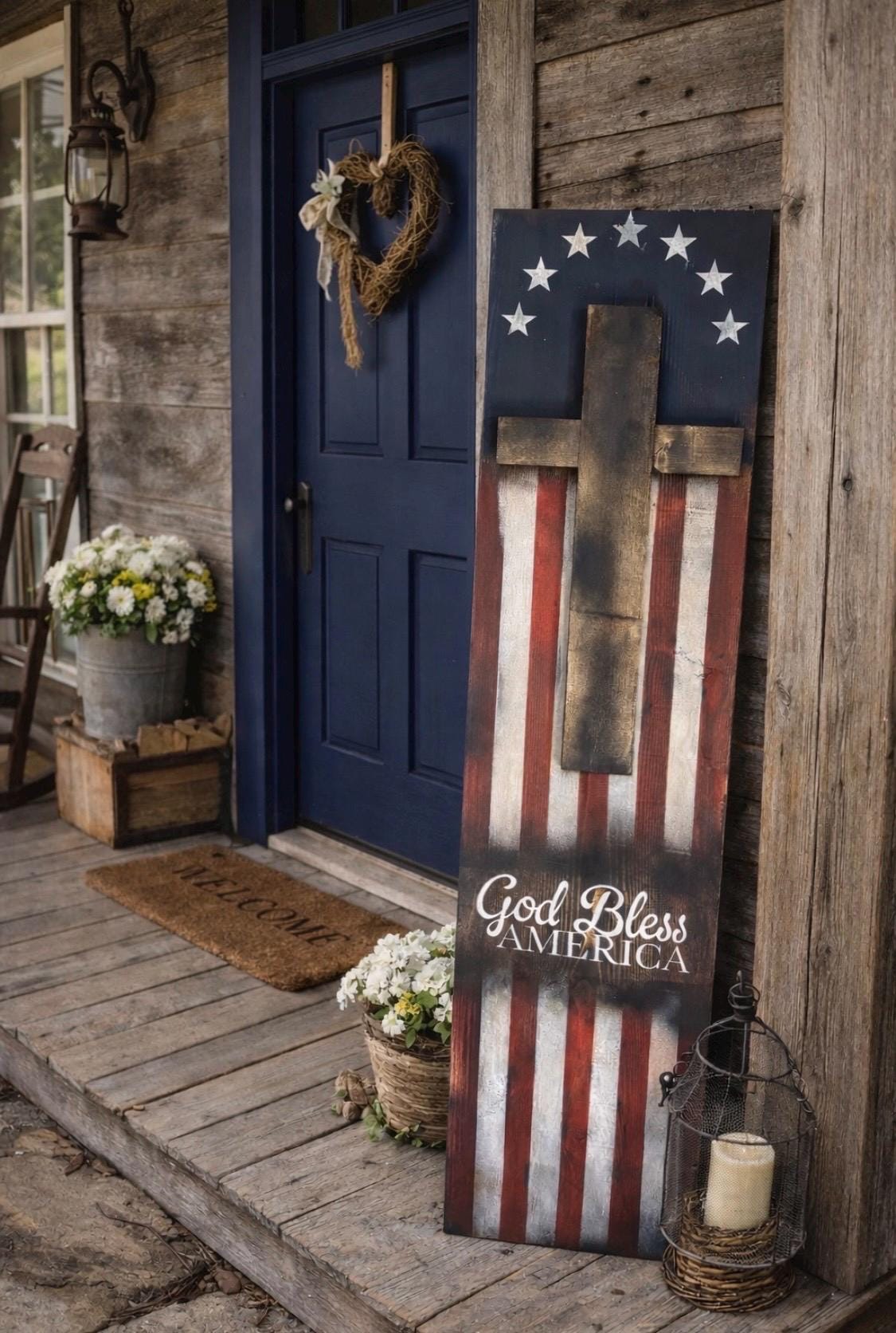 Hand-painted Patriotic Cross Flag Porch Sign: Americana Farmhouse Decor ...
