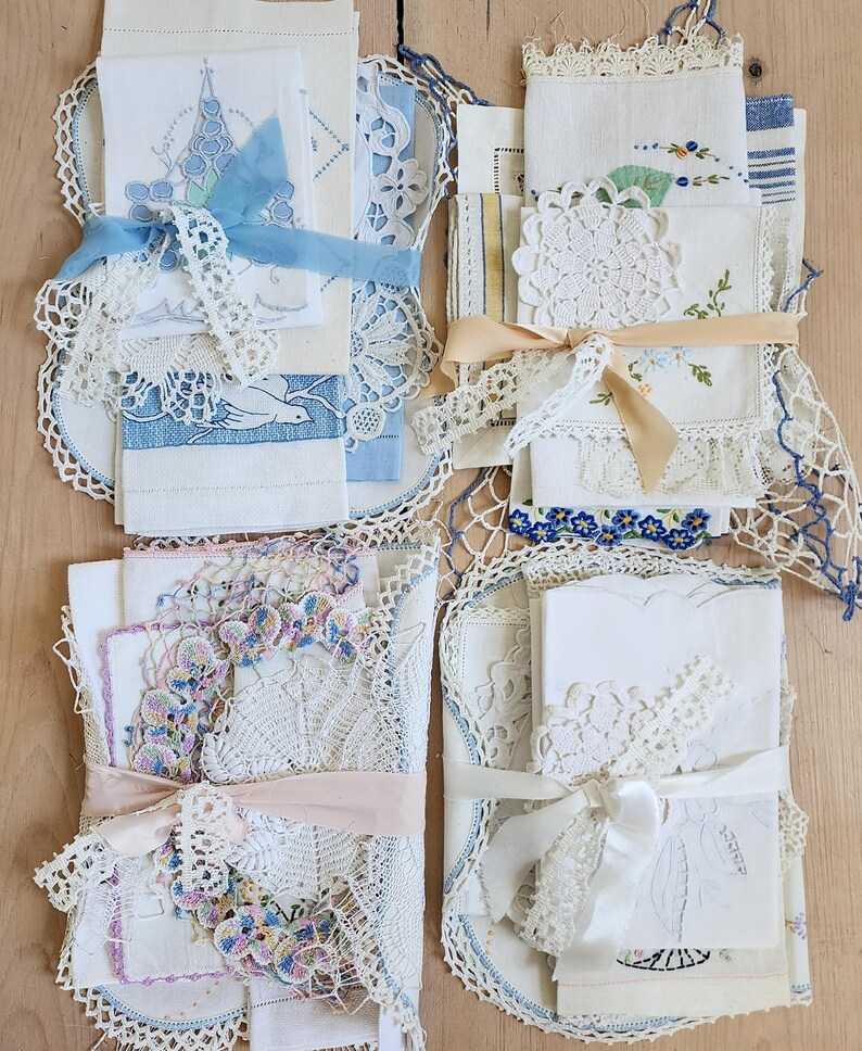 Vintage Linen Craft Bundle, Blue Accent Table Linens, Sewing Supplies ...