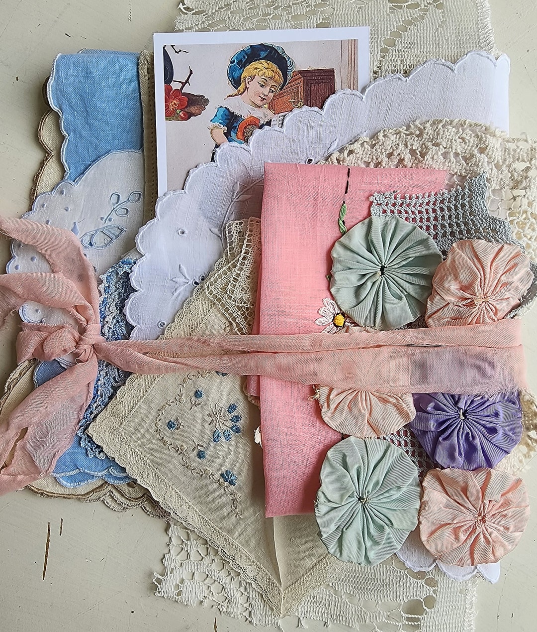 PINK and BLUE Embroidery Yo-yos One-of-a-kind Linen, Fabric, Lace Craft ...