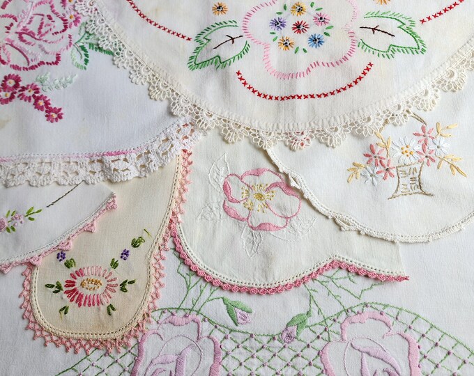 Vintage Hand Embroidered Fabric Cuttings, Floral Embellishments, Set of ...