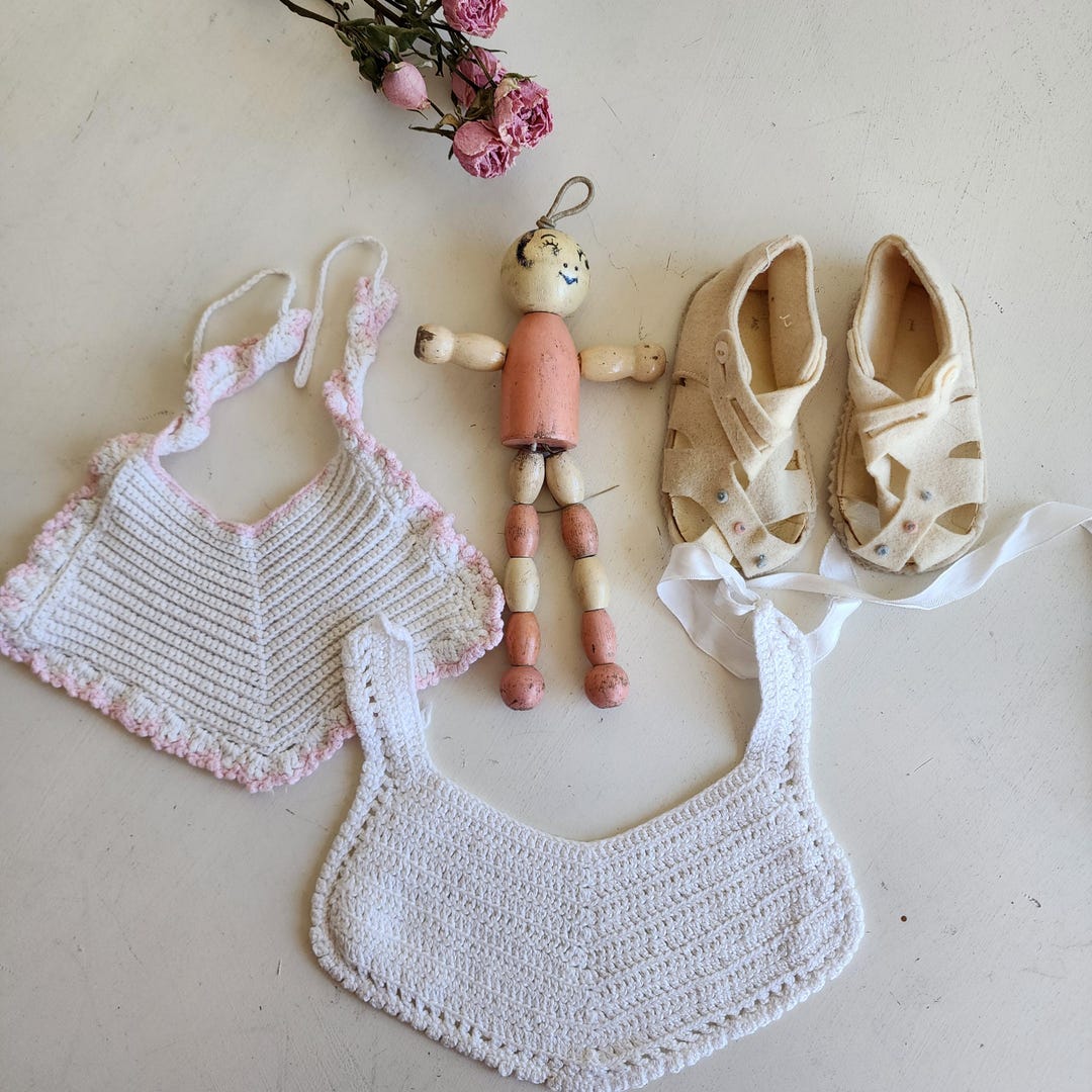 Baby's Vintage Felt Shoozies From 1950s, Hand Made Bib and Vintage Toy ...