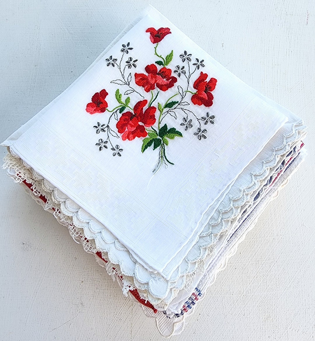 Damaged RED, Blue FLORAL With Touch of Grey Handkerchief, Napkin 30 ...