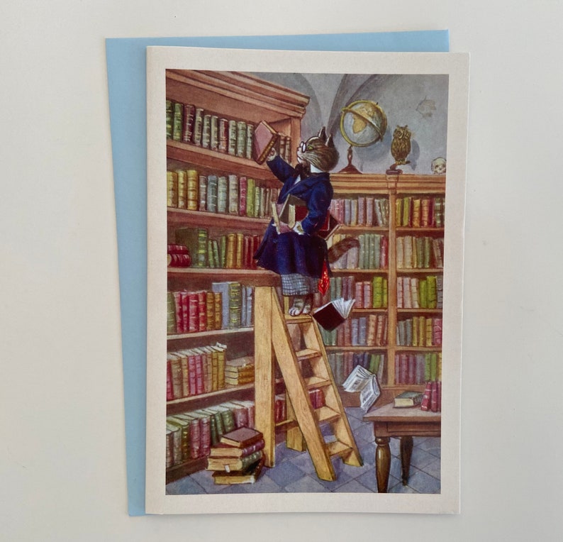 Vintage Librarian Cat Card Library Study Vintage Books | Etsy