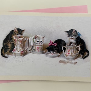 Vintage Kittens With Tea Set Cat Card Teapot Card Vintage | Etsy