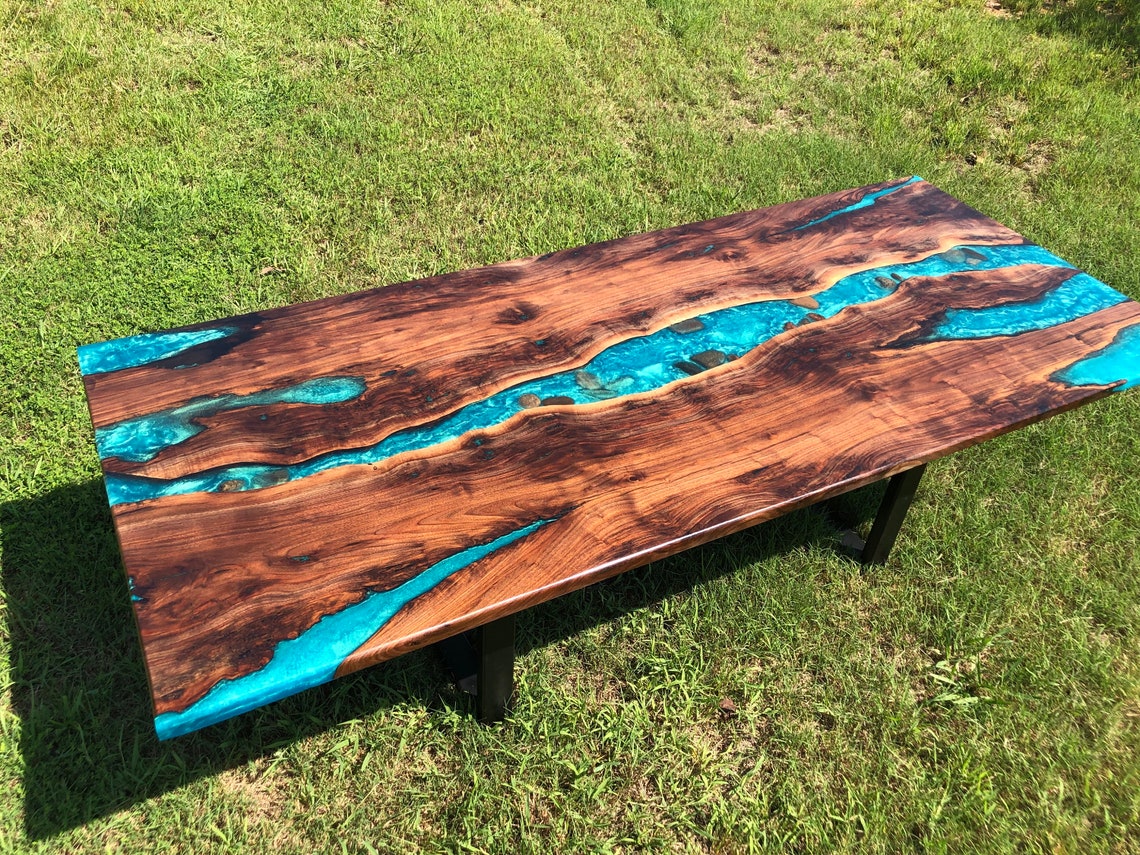 Walnut Live Edge River Table With Stone - Etsy
