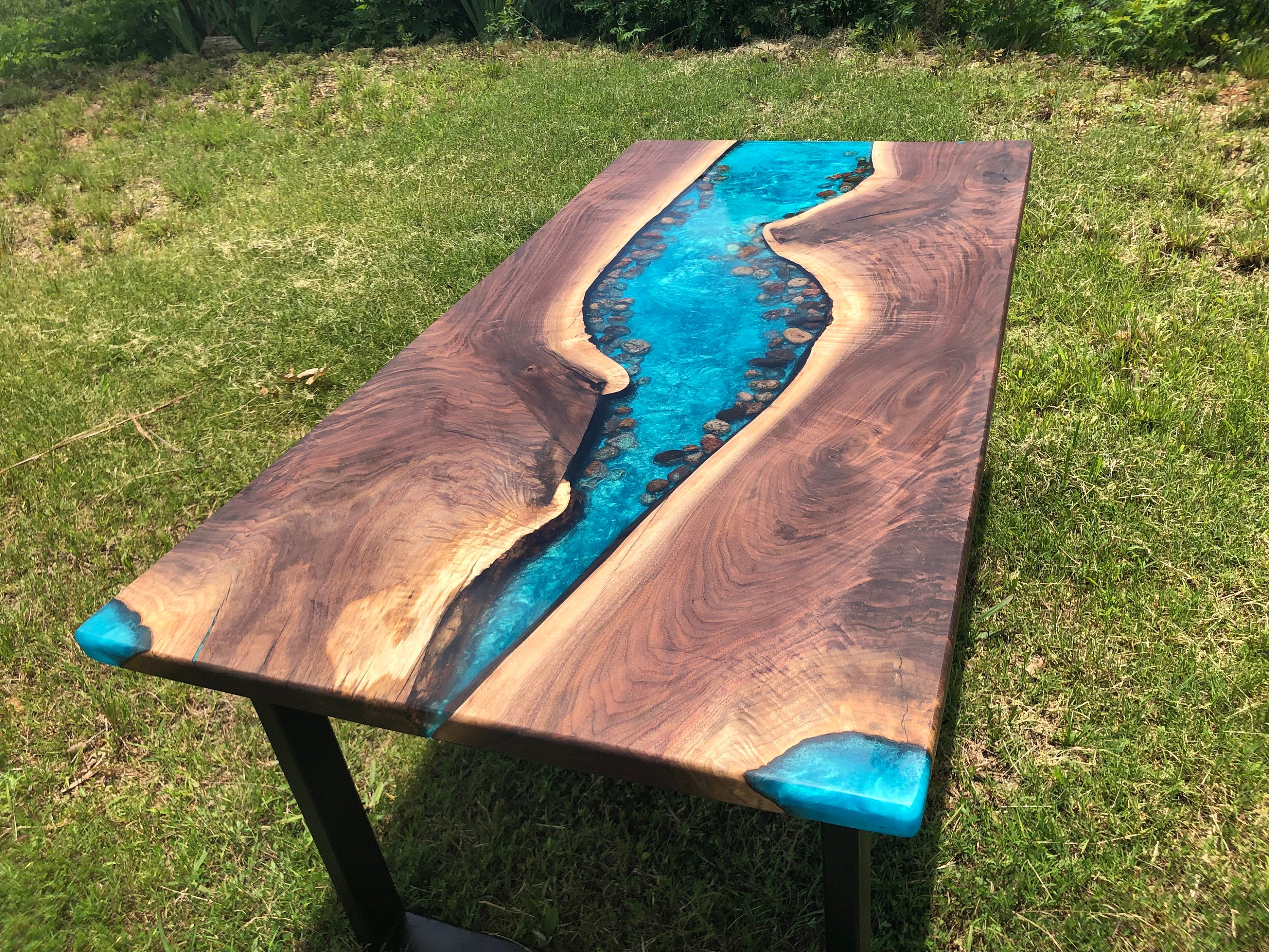 Walnut Live Edge Dining River Table With Stone and Resin - Etsy