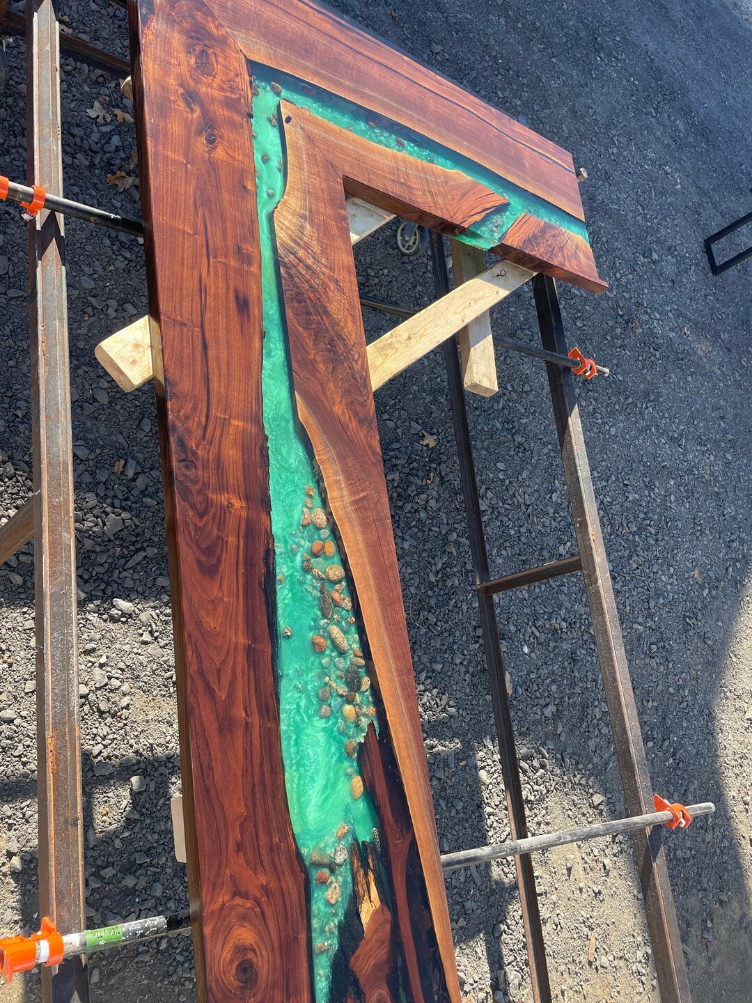 L Shaped Bartop River Table With Stone Rocks Trout Walnut Live Edge - Etsy