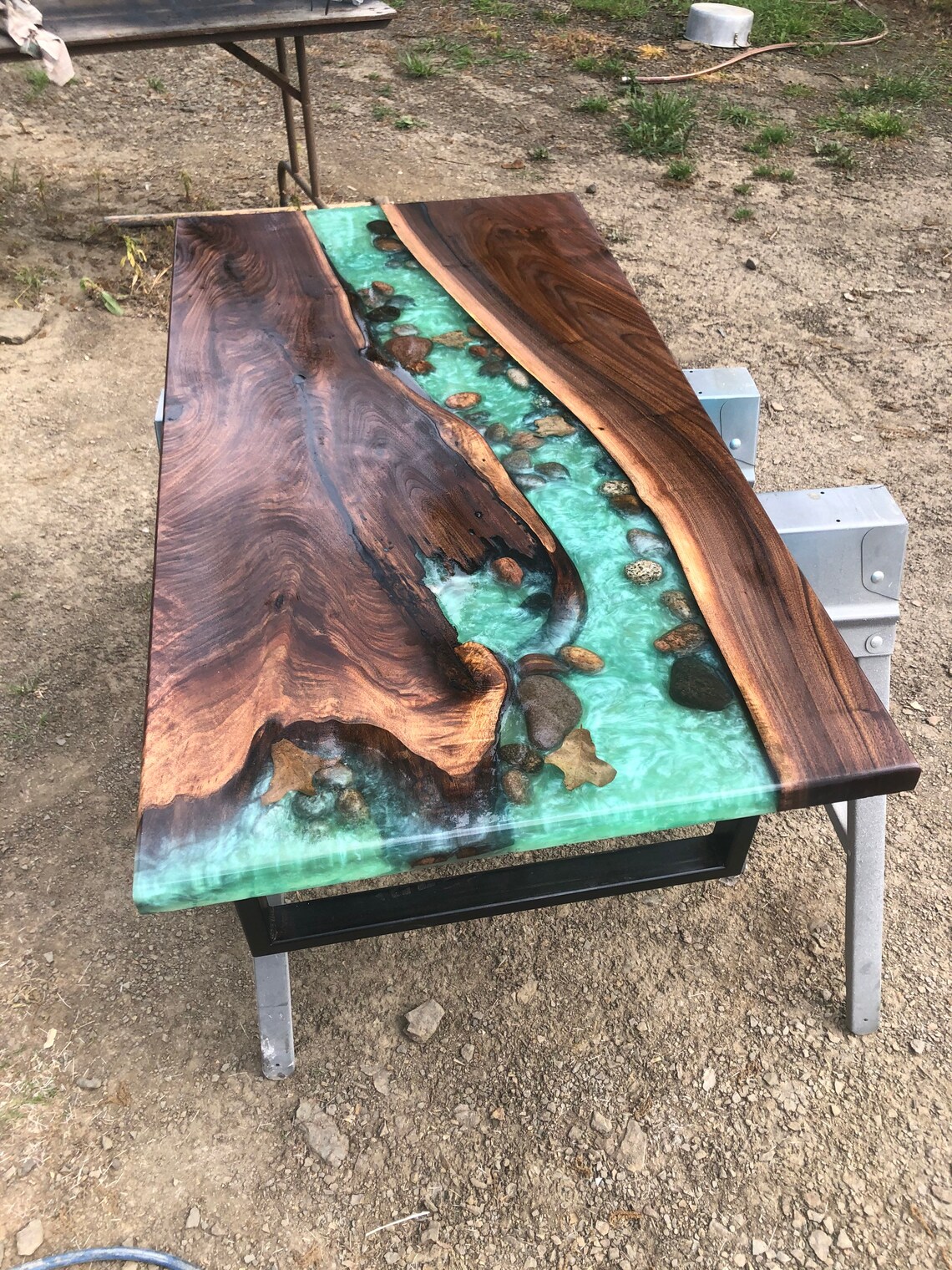 Live Edge Walnut River Table With Stones and Leaves. - Etsy