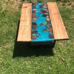 Live Edge River Table With Shelf Underneath With Stones and Leaves - Etsy