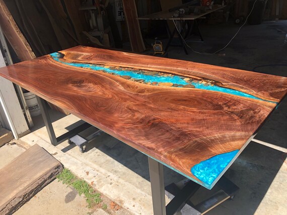 Walnut live edge river table with stone dining | Etsy