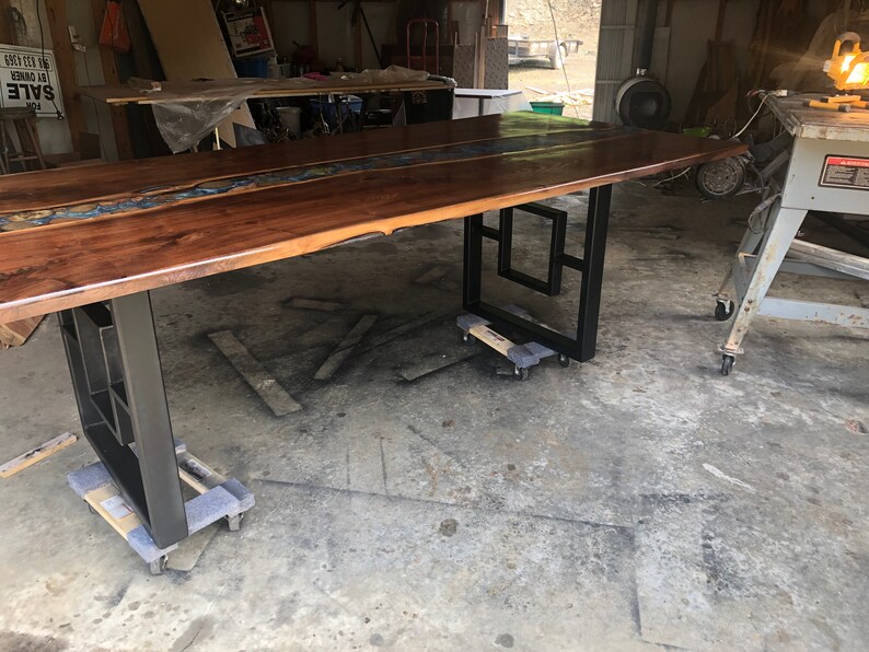 9ft Walnut Live Edge River Table With Stone and Leaves - Etsy
