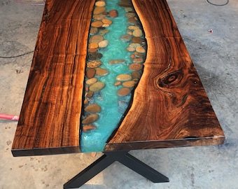 Walnut Live Edge River Table With Stone - Etsy