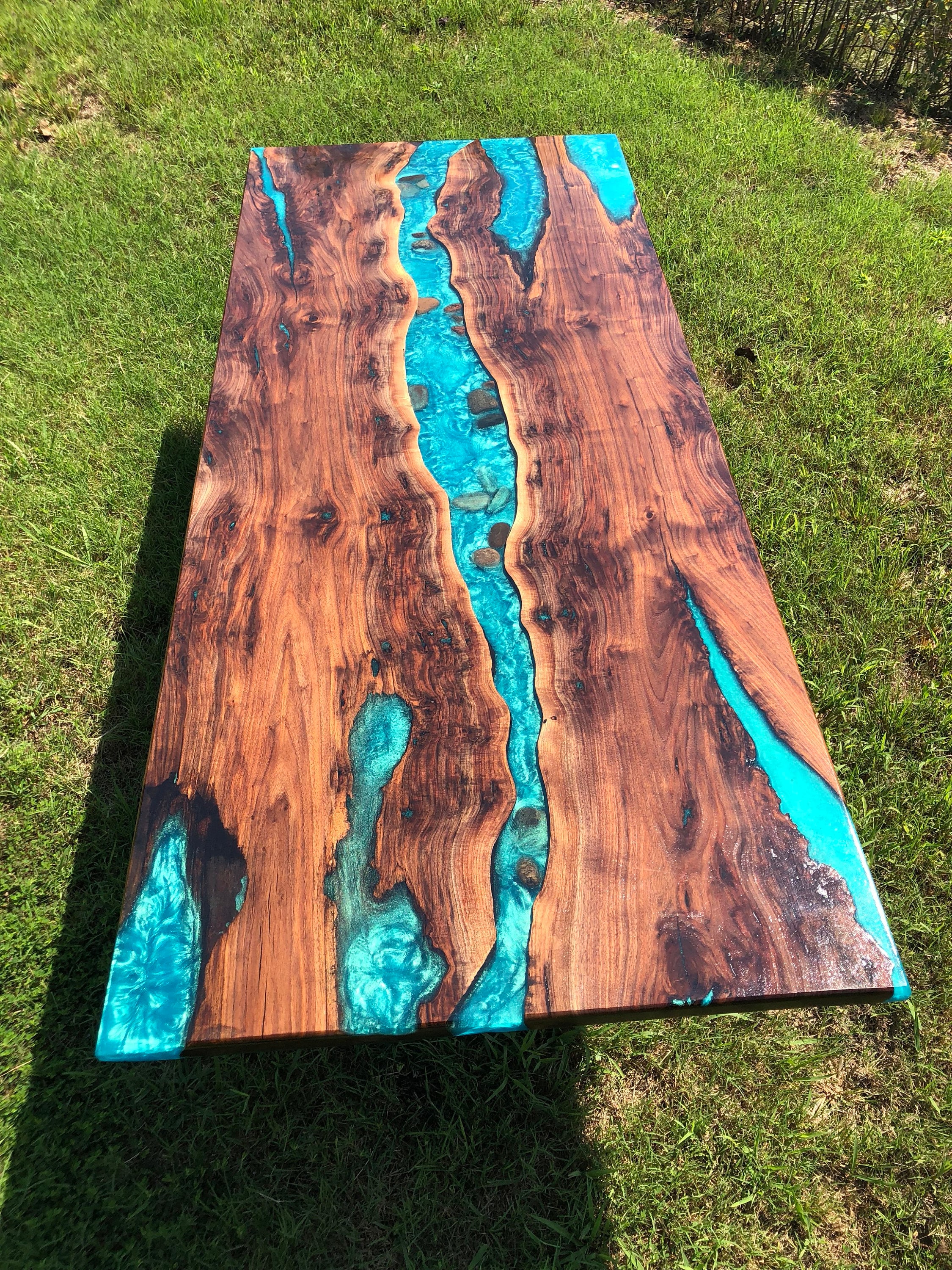 Walnut Live Edge River Table With Stone - Etsy