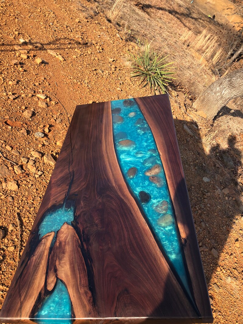 Walnut Coffee Table With Stone Live Edge River Table Stone Rocks - Etsy