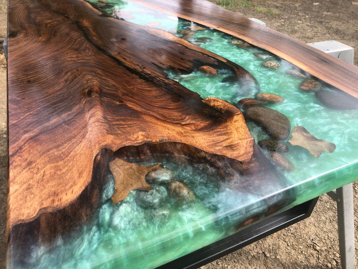 Live Edge Walnut River Table With Stones and Leaves. - Etsy