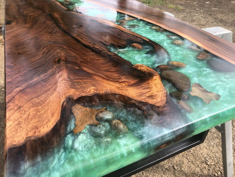 Live Edge Walnut River Table With Stones and Leaves. - Etsy