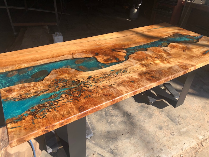 Maple Live Edge River Table With Stone Dining Table Rocks - Etsy