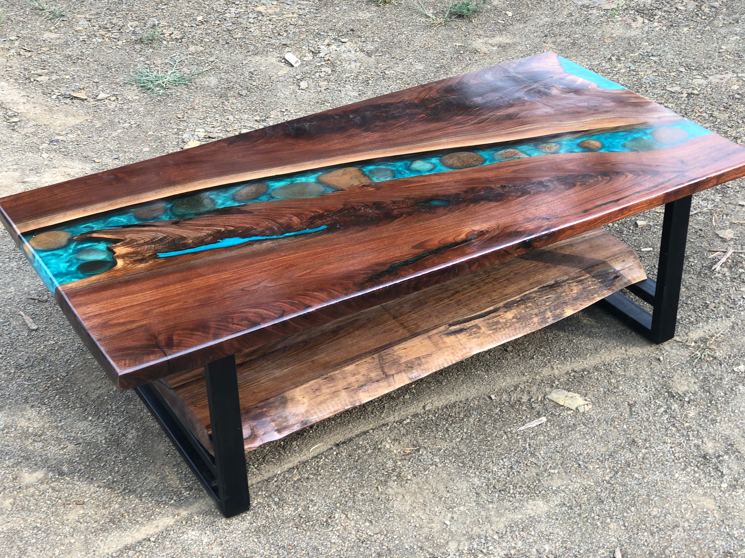 Walnut River Table With Resin Stone--in Stock Storage Shelf Under - Etsy