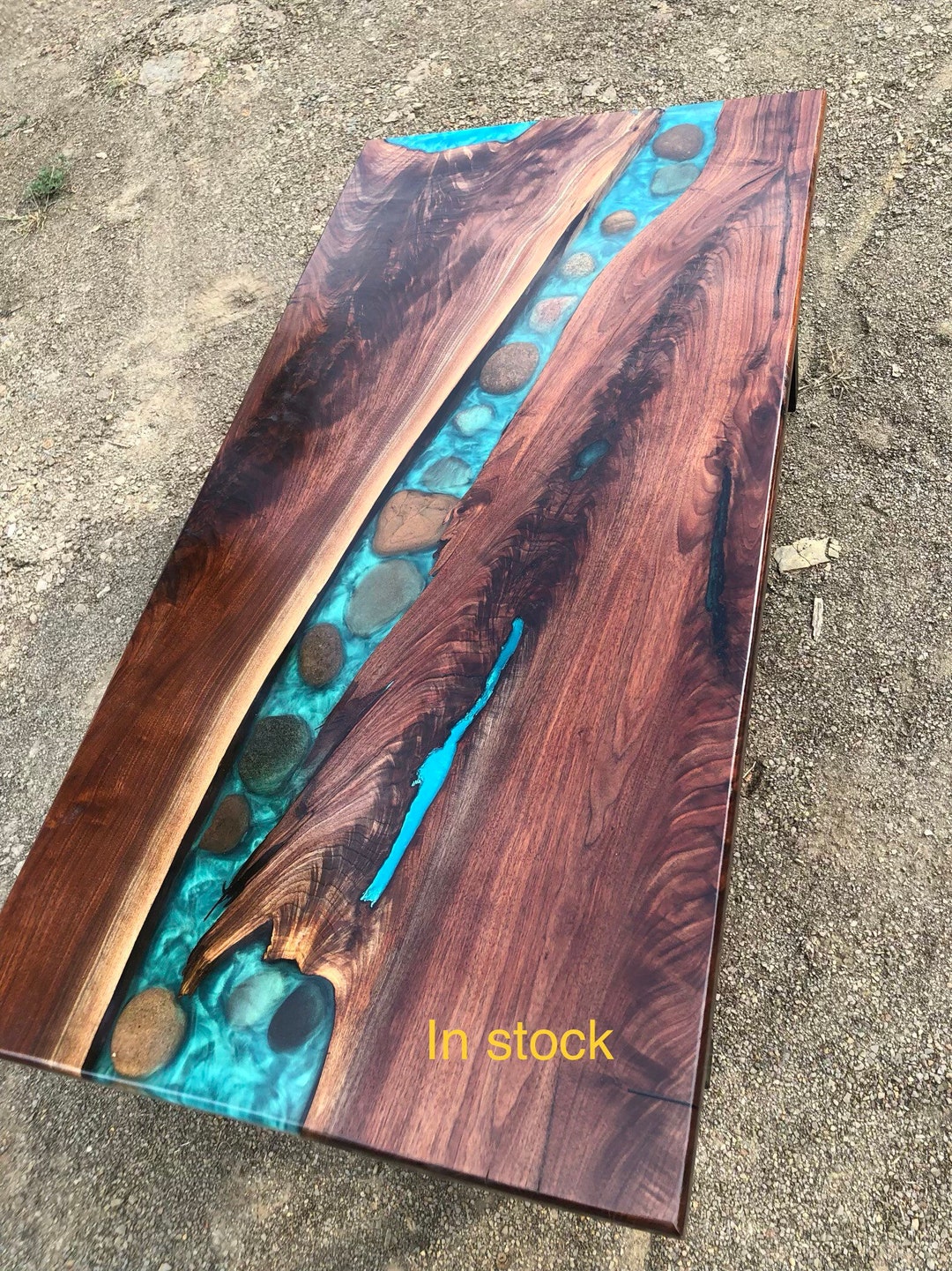 Walnut River Table With Resin Stone--in Stock Storage Shelf Under - Etsy