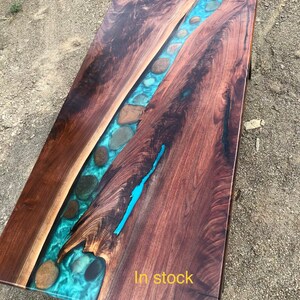 Walnut River Table With Resin Stone--in Stock Storage Shelf Under - Etsy