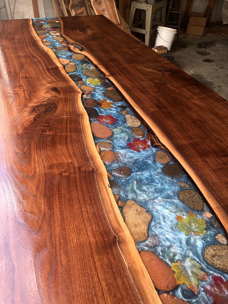9ft Walnut Live Edge River Table With Stone and Leaves - Etsy