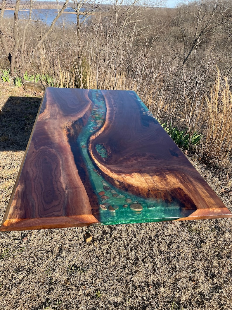 Live Edge River Table With Stone and Trout Rock Walnut - Etsy