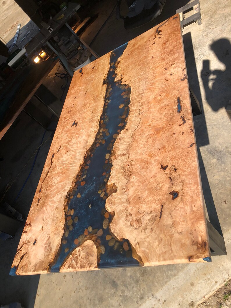 Custom Maple Dining Table Live Edge River Table With Stone Rocks - Etsy