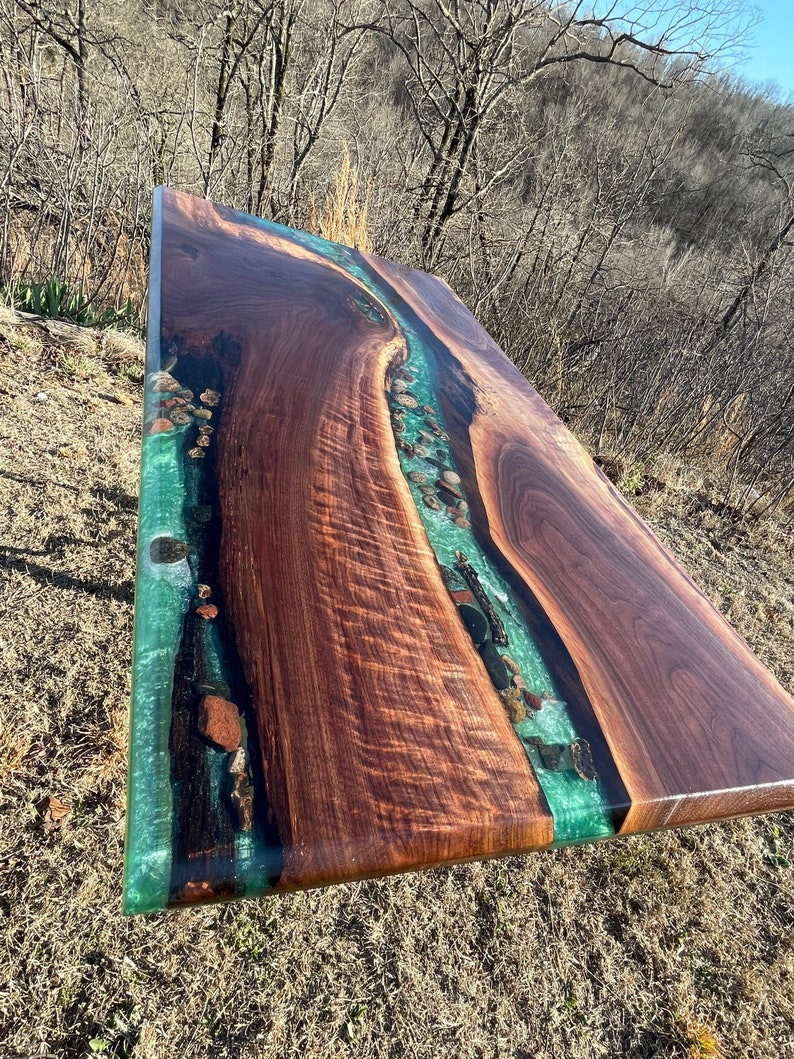 Live Edge River Table With Stone and Trout Rock Walnut - Etsy