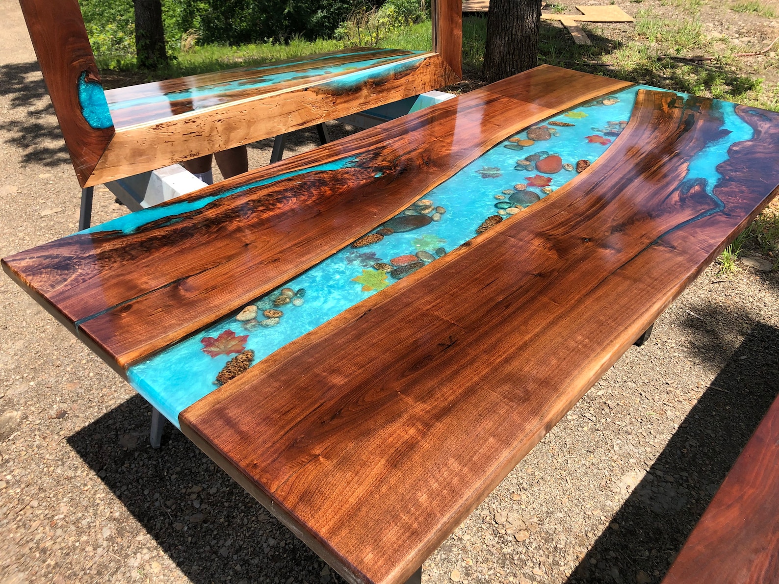 Walnut River Bench Table Mirror Set Live Edge - Etsy