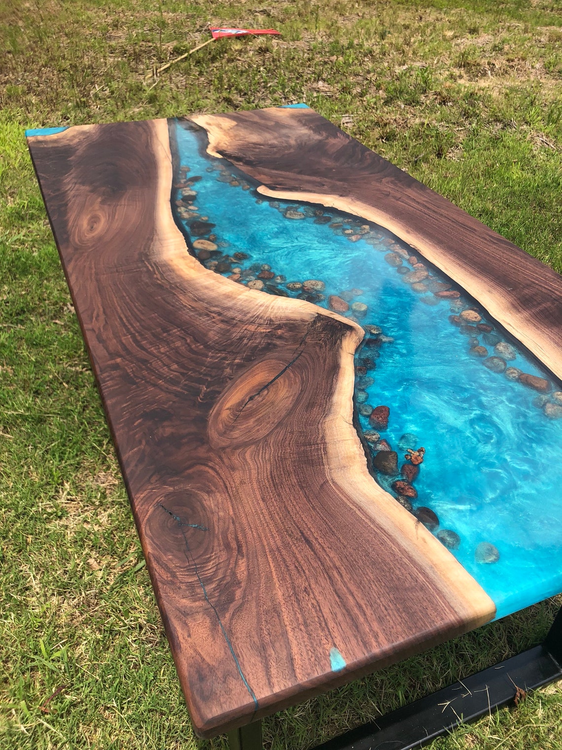 Walnut Live Edge Dining River Table With Stone And Resin Etsy