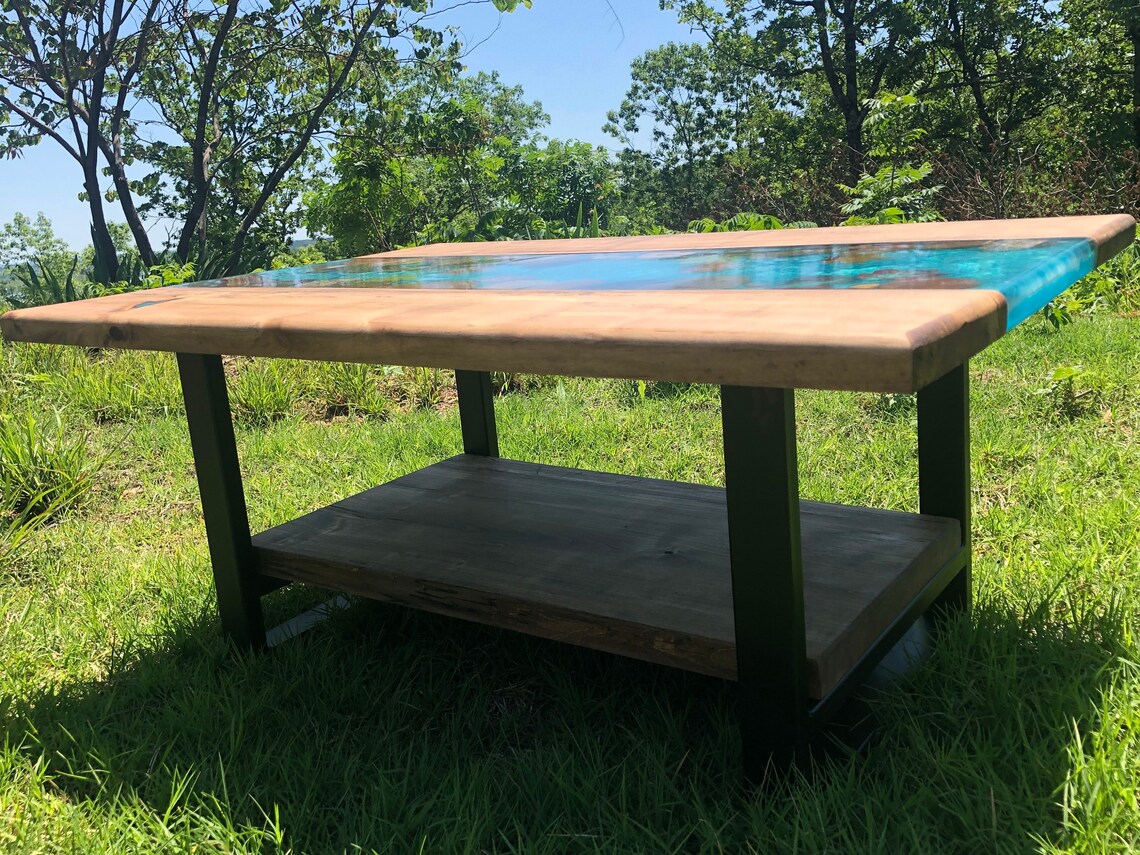 Live Edge River Table With Shelf Underneath With Stones and Leaves - Etsy