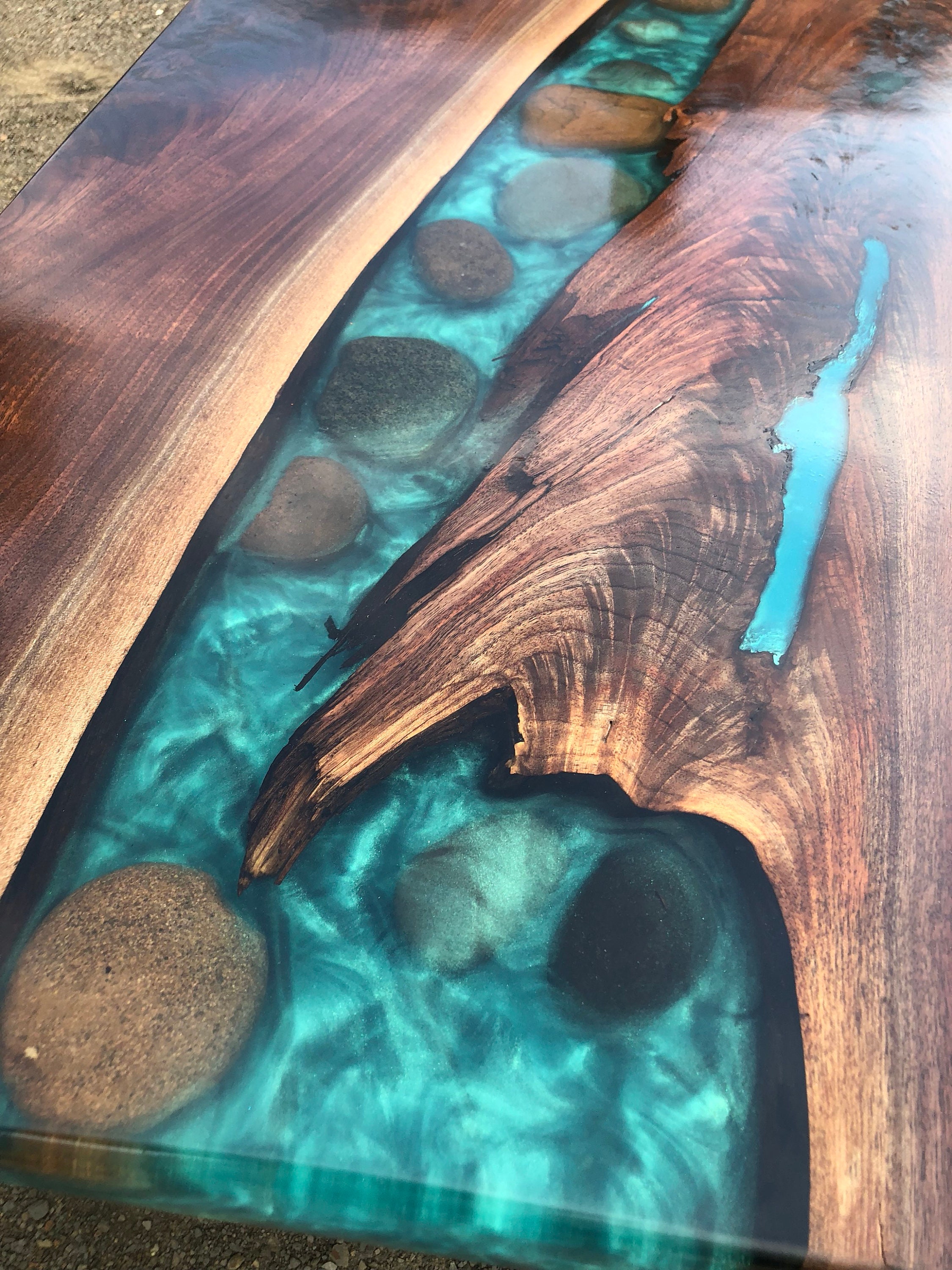 Walnut River Table With Resin Stone--in Stock Storage Shelf Under - Etsy