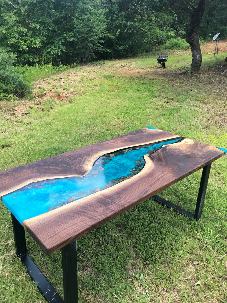 Walnut Live Edge Dining River Table With Stone and Resin - Etsy