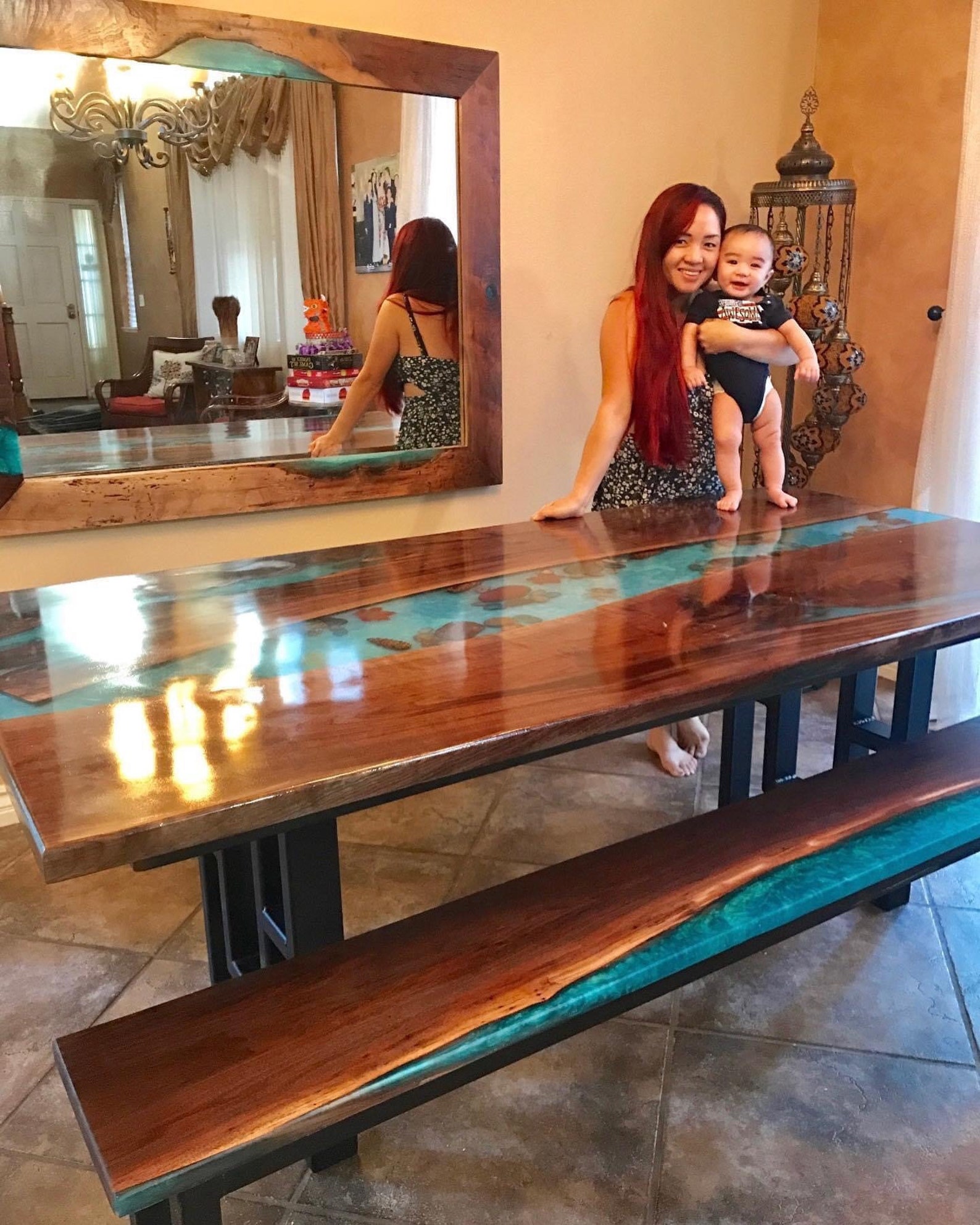 Walnut River Bench Table Mirror Set Live Edge - Etsy
