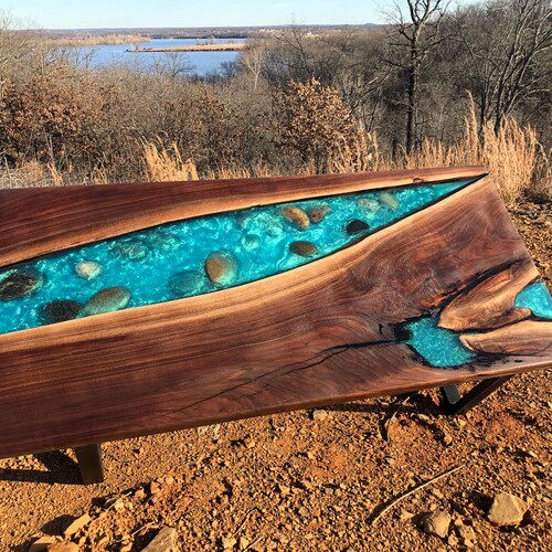 Gorgeous Waterfall River Table With Live Edge Stone and Rocks - Etsy