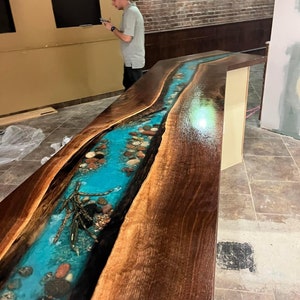 30 Foot Long Commercial Restaurant River Table Bartop With Rock and ...