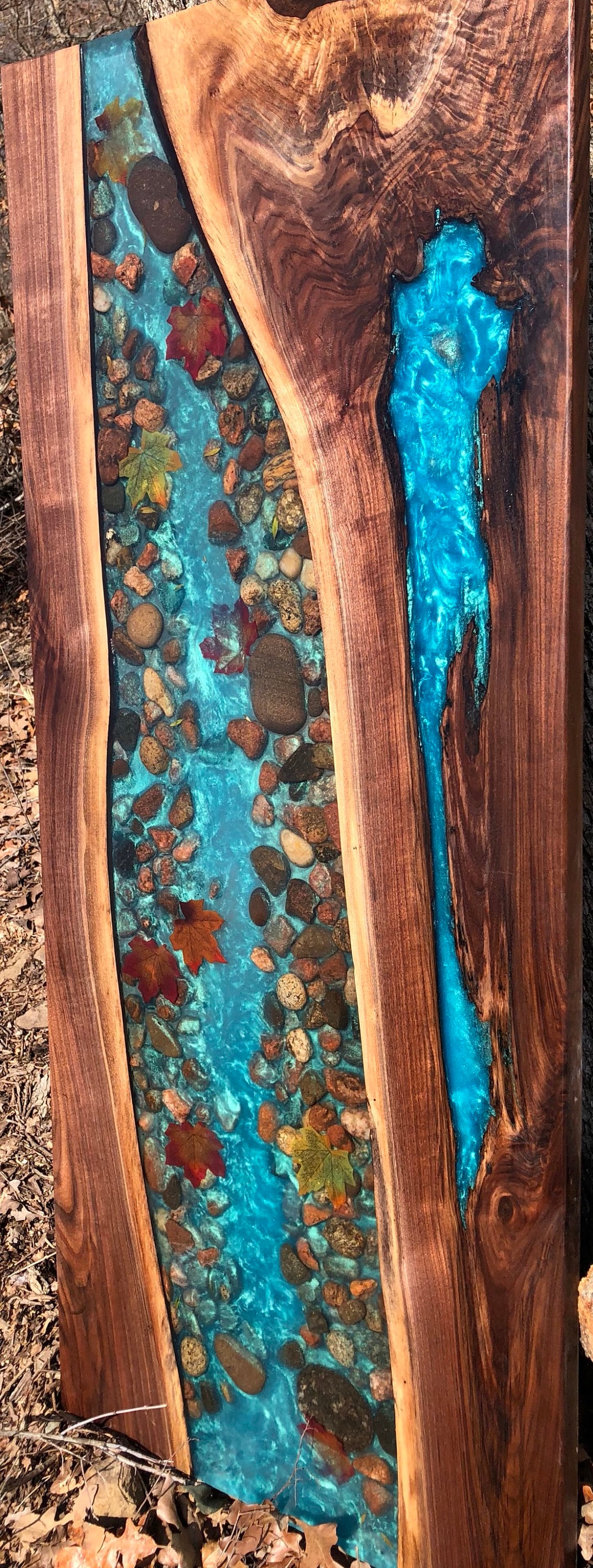 Walnut Live Edge River Table With Stone and Leaves - Etsy