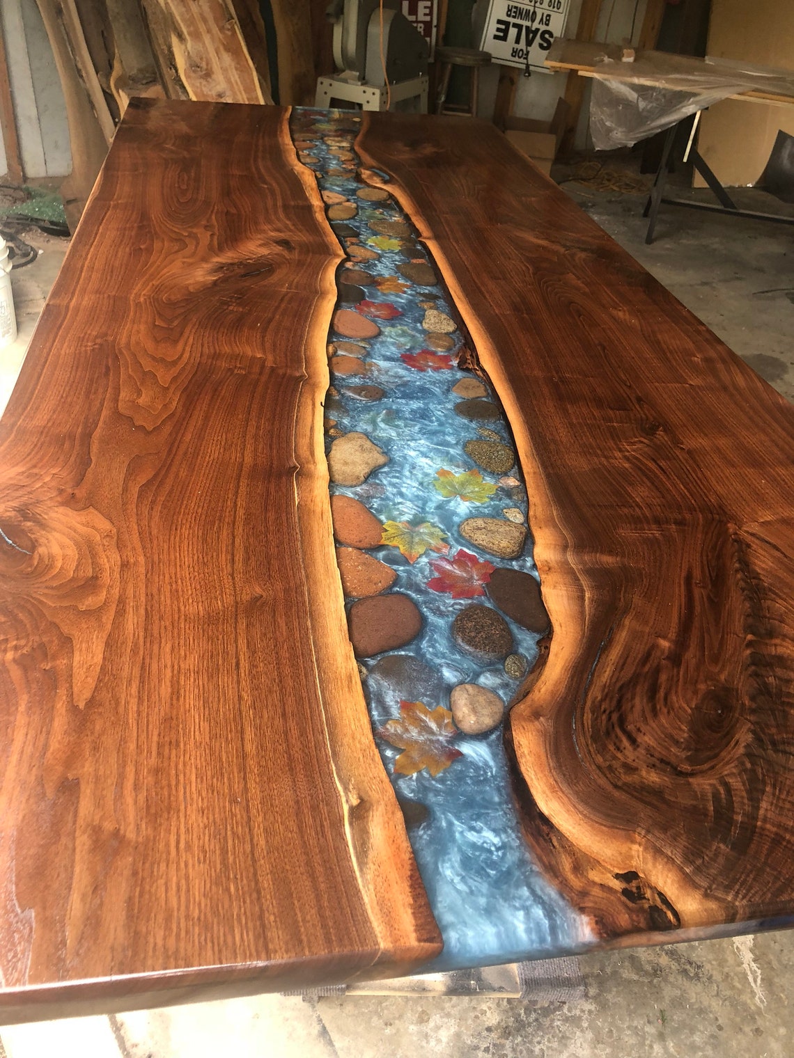 9ft Walnut Live Edge River Table With Stone and Leaves - Etsy
