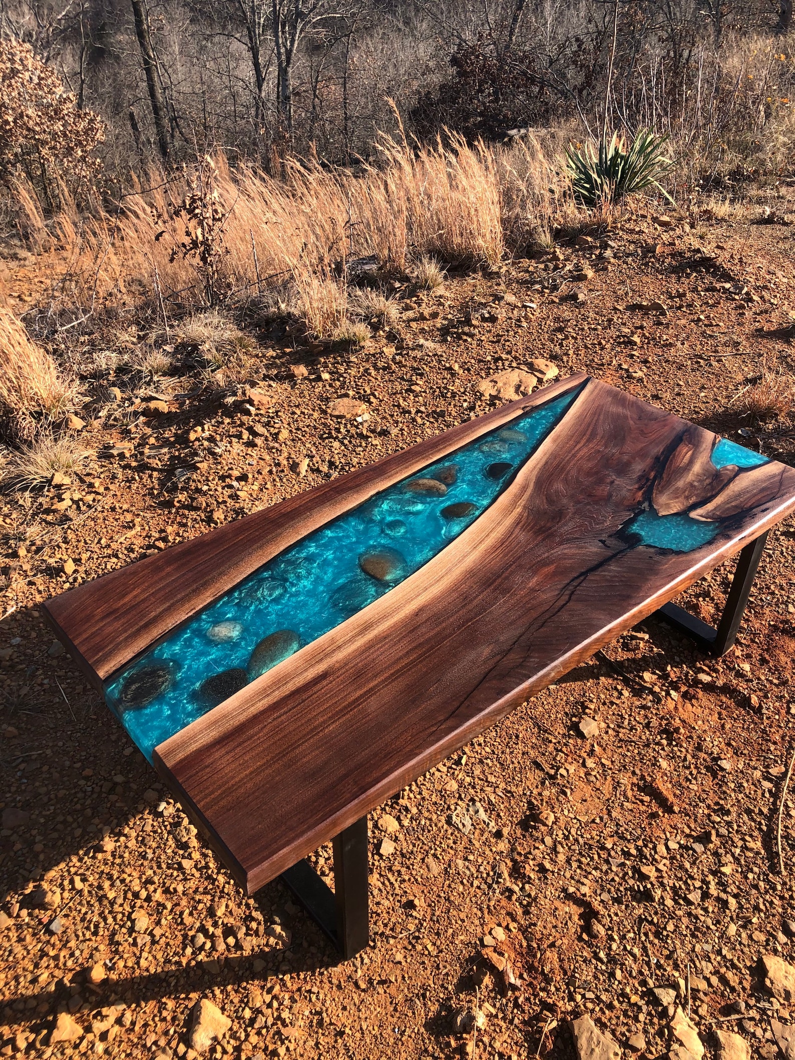 Walnut Coffee Table With Stone Live Edge River Table Stone Rocks - Etsy