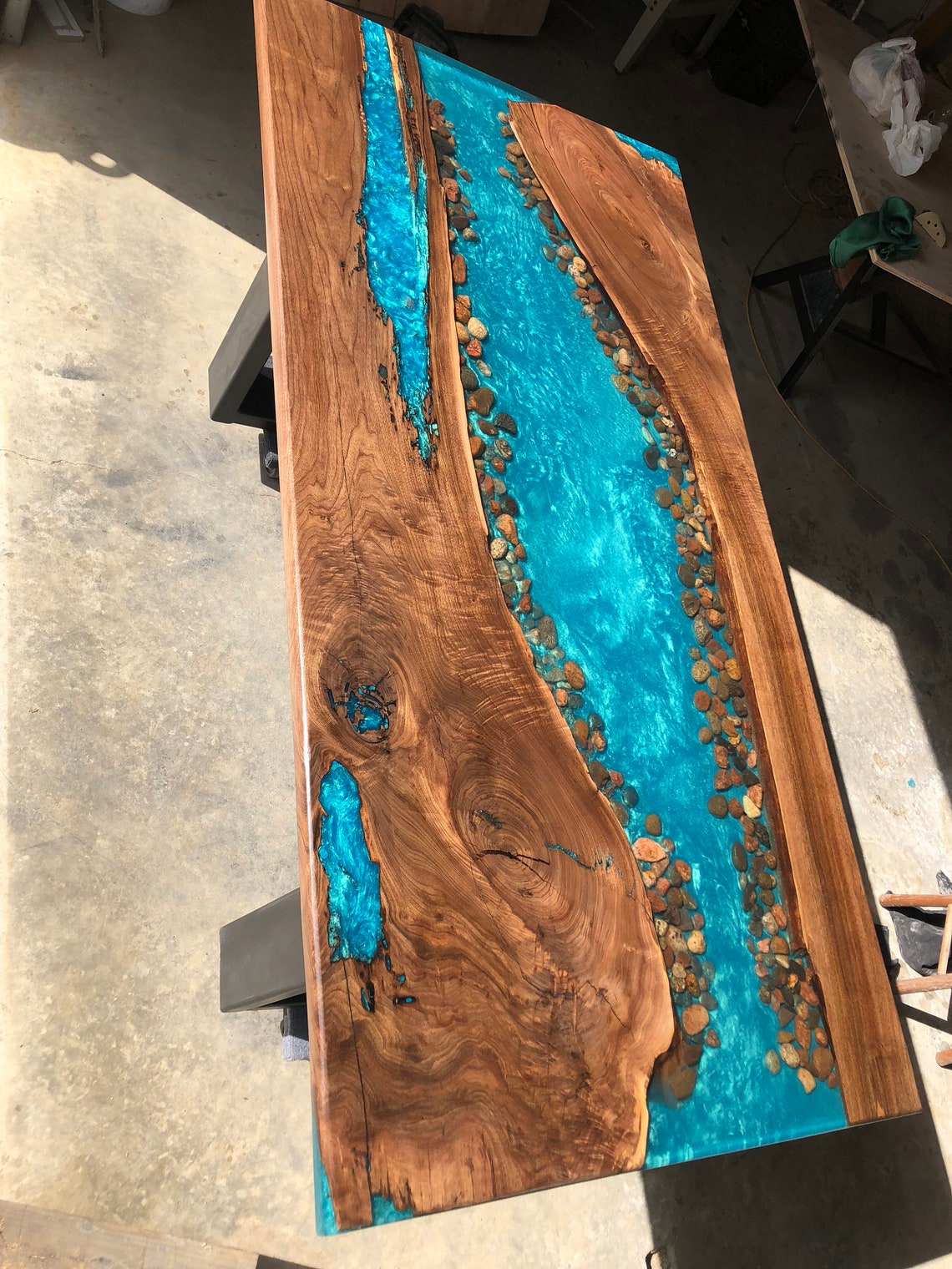 Walnut Live Edge River Table With Stone Dining Rocks - Etsy