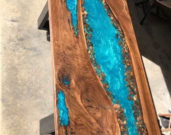 9ft Walnut Live Edge River Table With Stone and Leaves | Etsy