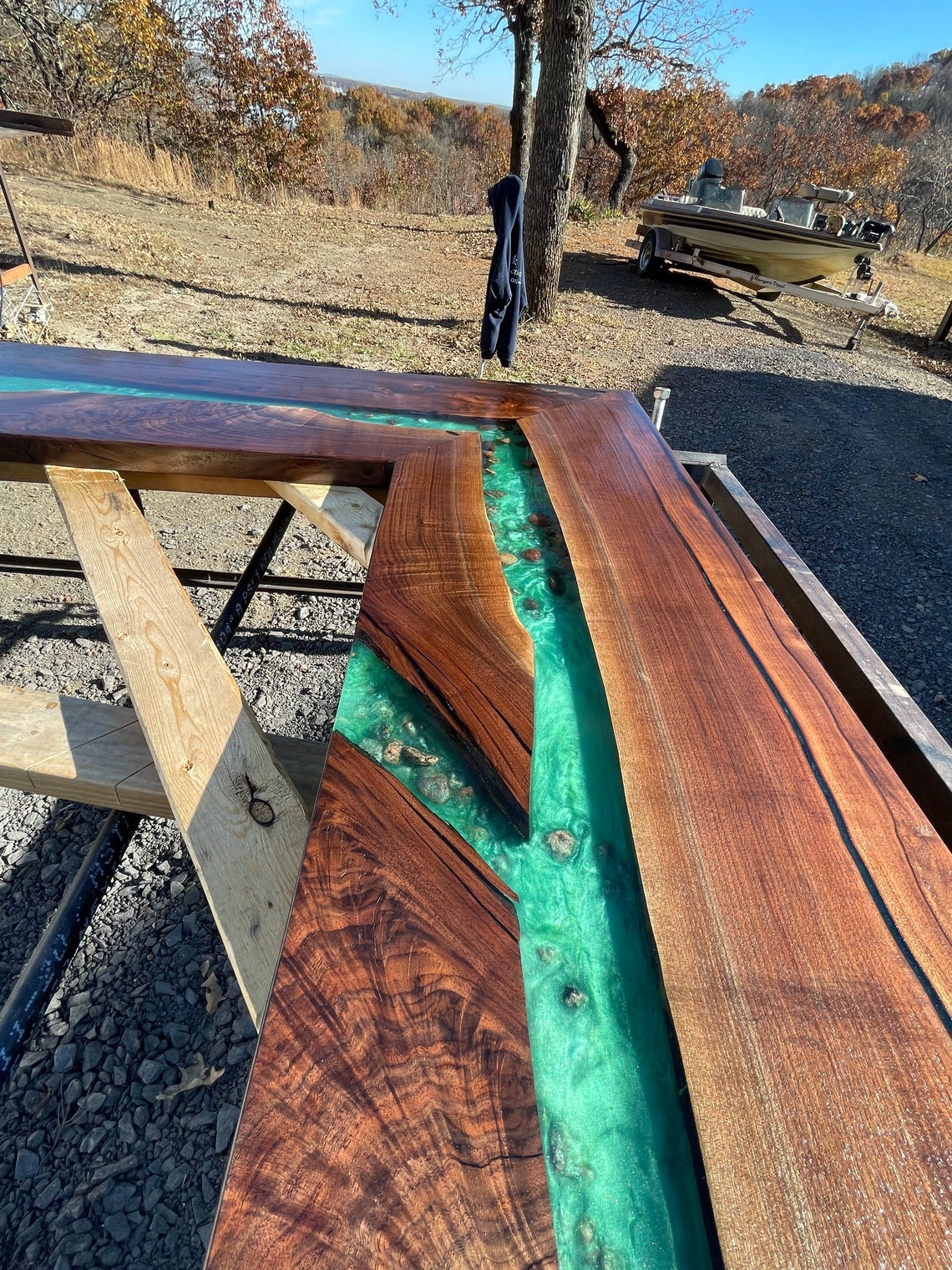 L Shaped Bartop River Table With Stone Rocks Trout Walnut Live Edge - Etsy