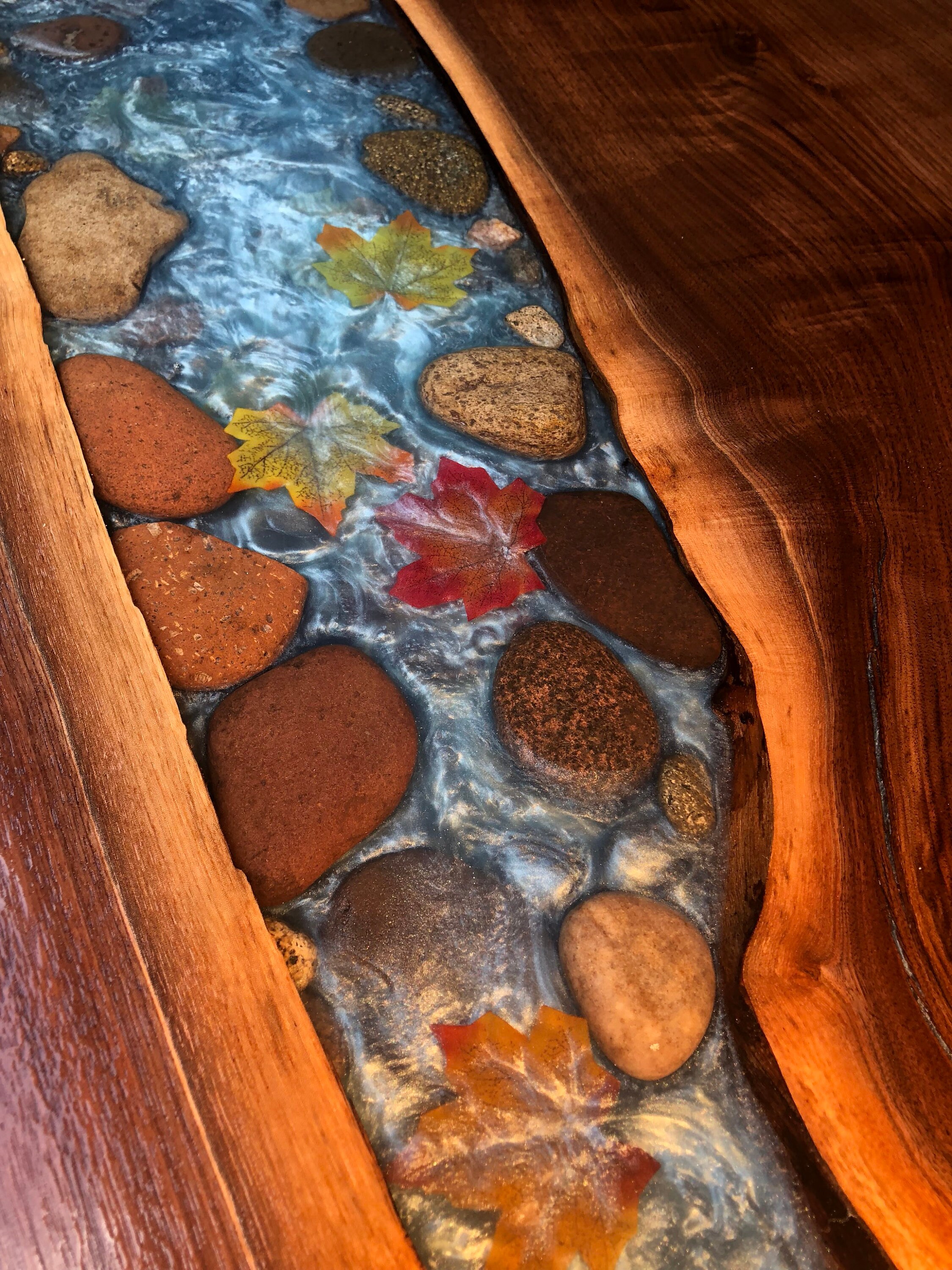 9ft Walnut Live Edge River Table With Stone and Leaves - Etsy