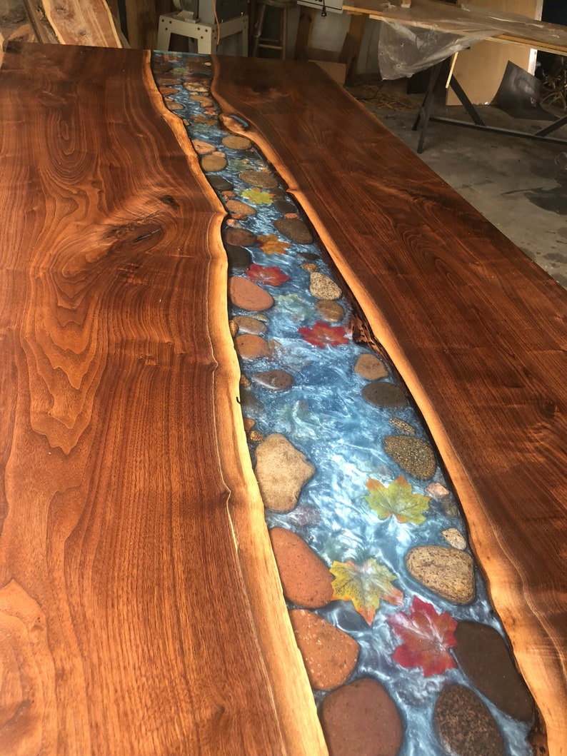 9ft Walnut Live Edge River Table With Stone and Leaves - Etsy