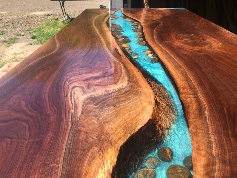 Walnut live edge river table with stone dining | Etsy