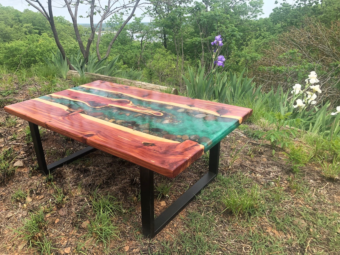 Cedar Live Edge River Table With Stone - Etsy
