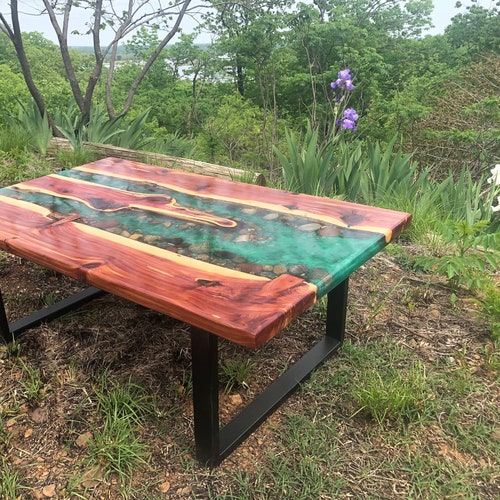 Double Waterfall River Table With Shelf Underneath. Live Edge - Etsy