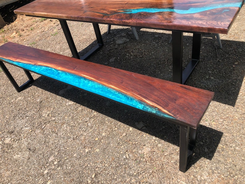 Walnut River Bench Table Mirror Set Live Edge - Etsy